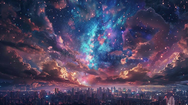 Starry Night Sky City with Modern Buildings and Skyscrapers Stock ...