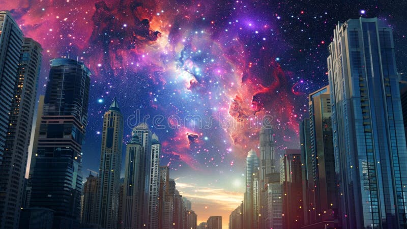 Starry Night Sky City with Modern Buildings and Skyscrapers Stock ...