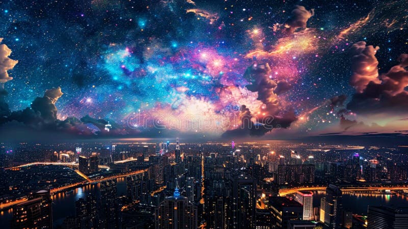 Starry Night Sky City with Modern Buildings and Skyscrapers Stock ...