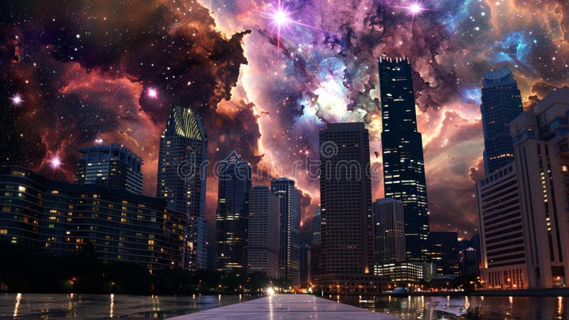 Starry Night Sky City with Modern Buildings and Skyscrapers Stock ...