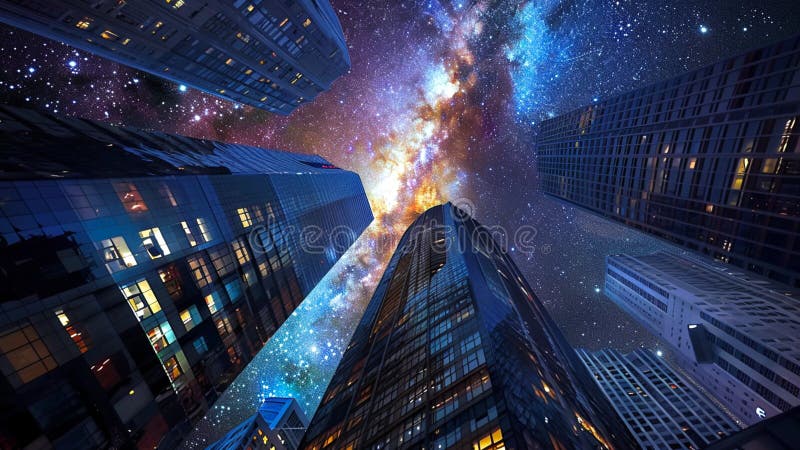 Starry Night Sky with a Galaxy Above a City with Modern Buildings and ...