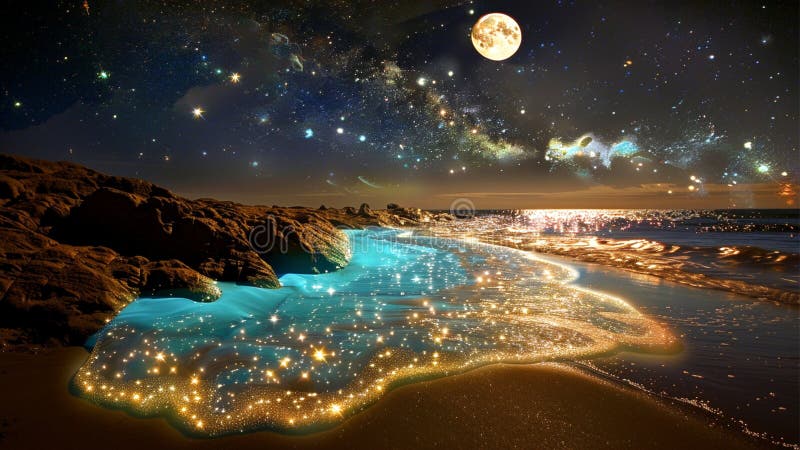 Gorgeous Fantasy Magical Golden Beach Under a Starry Sky Stock ...