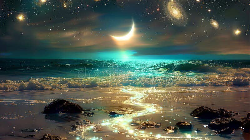 Gorgeous Fantasy Magical Golden Beach Under a Starry Sky Stock ...