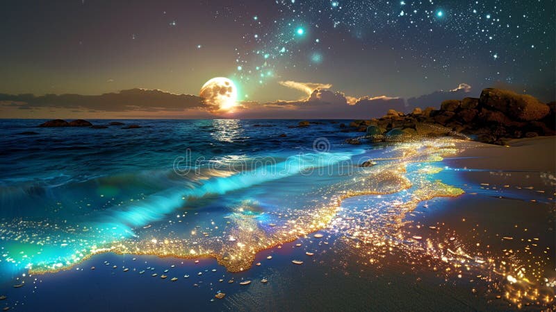 Gorgeous Fantasy Magical Golden Beach Under a Starry Sky Stock ...