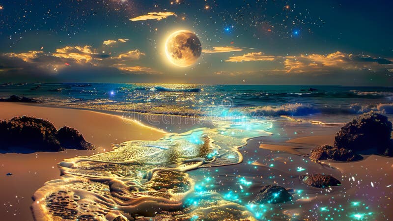 Gorgeous Fantasy Magical Golden Beach Under a Starry Sky Stock ...