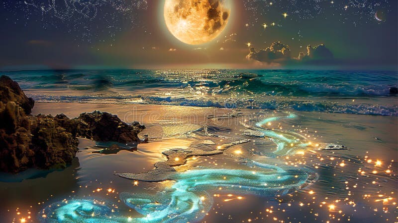 Gorgeous Fantasy Magical Golden Beach Under a Starry Sky Stock ...