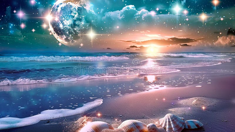 Gorgeous Fantasy Magical Beach with Shiny Seashells Under a Starry Sky ...