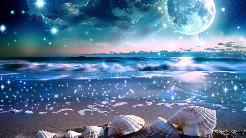 Gorgeous Fantasy Magical Beach with Shiny Seashells Under a Starry Sky ...