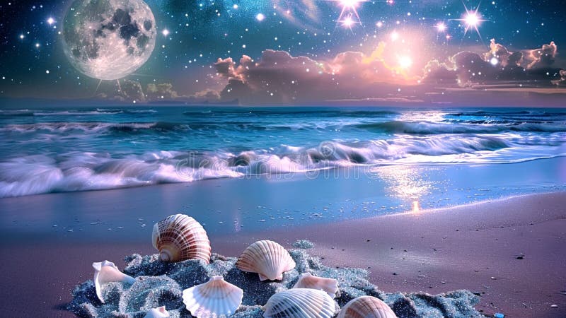 Gorgeous Fantasy Magical Beach with Shiny Seashells Under a Starry Sky ...