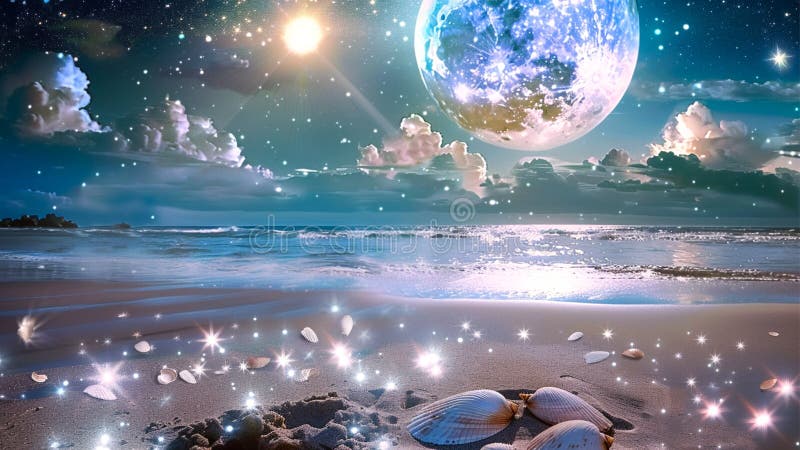 Gorgeous Fantasy Magical Beach with Shiny Seashells Under a Starry Sky ...