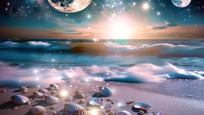 Gorgeous Fantasy Magical Beach with Shiny Seashells Under a Starry Sky ...