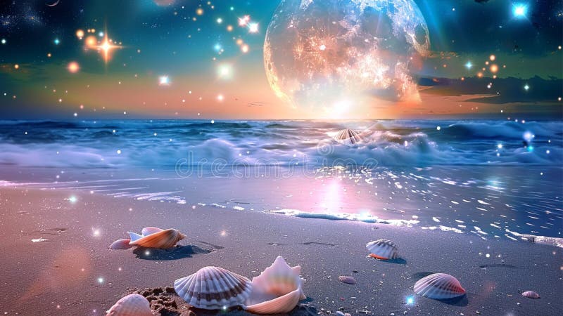 Gorgeous Fantasy Magical Beach with Shiny Seashells Under a Starry Sky ...