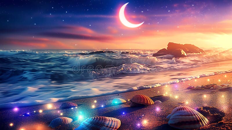 Gorgeous Fantasy Magical Beach with Shiny Seashells Under a Starry Sky ...