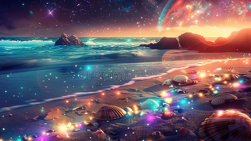 Gorgeous Fantasy Magical Beach with Shiny Seashells Under a Starry Sky ...