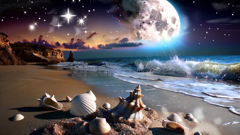Gorgeous Fantasy Magical Beach with Shiny Seashells Under a Starry Sky ...