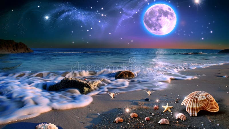 Gorgeous Fantasy Magical Beach with Shiny Seashells Under a Starry Sky ...