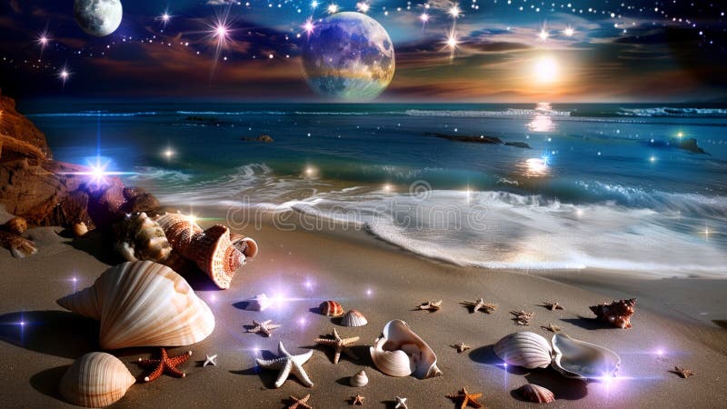Gorgeous Fantasy Magical Beach with Shiny Seashells Under a Starry Sky ...