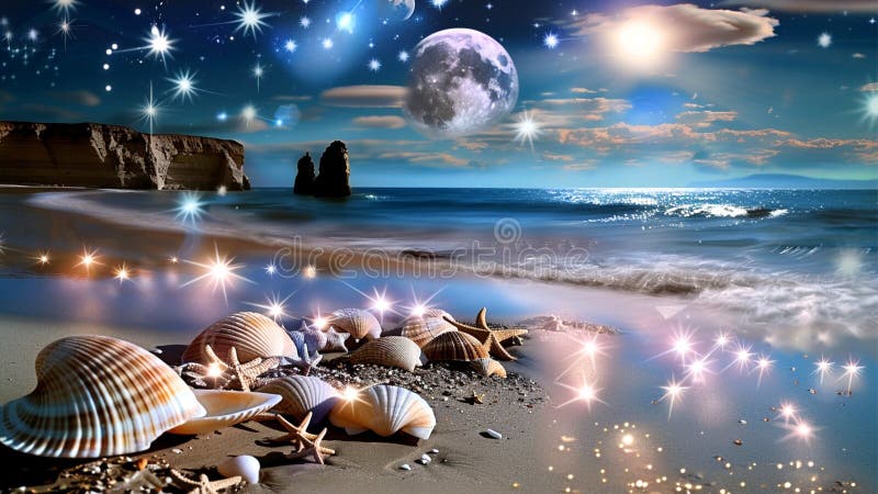 Gorgeous Fantasy Magical Beach with Shiny Seashells Under a Starry Sky ...