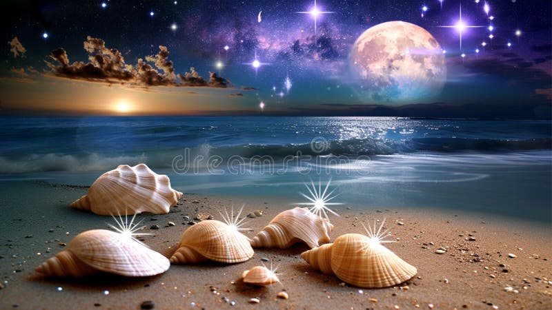 Gorgeous Fantasy Magical Beach with Shiny Seashells Under a Starry Sky ...