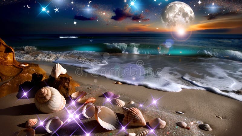Gorgeous Fantasy Magical Beach with Shiny Seashells Under a Starry Sky ...