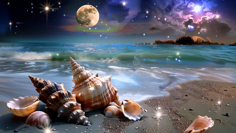 Gorgeous Fantasy Magical Beach with Shiny Seashells Under a Starry Sky ...