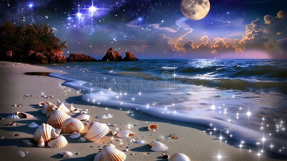 Gorgeous Fantasy Magical Beach with Shiny Seashells Under a Starry Sky ...
