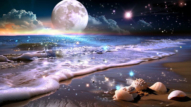 Gorgeous Fantasy Magical Beach with Shiny Seashells Under a Starry Sky ...