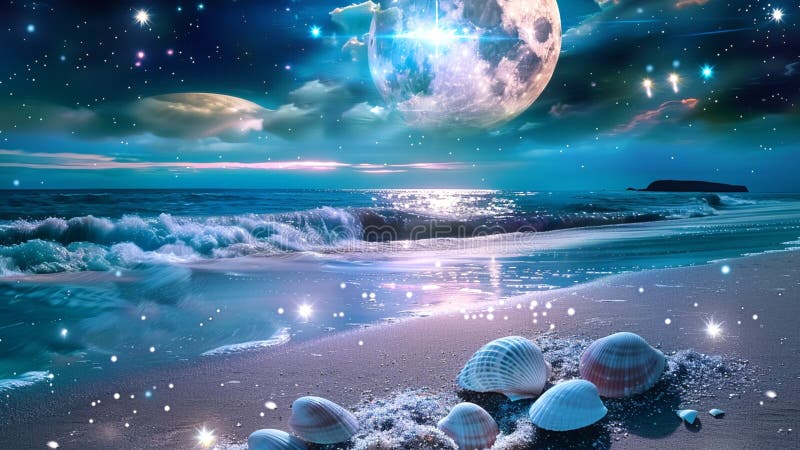 Gorgeous Fantasy Magical Beach with Shiny Seashells Under a Starry Sky ...