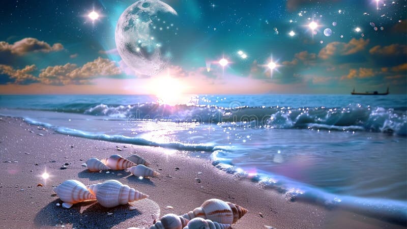 Gorgeous Fantasy Magical Beach with Shiny Seashells Under a Starry Sky ...