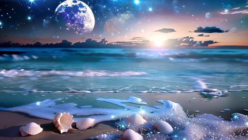 Gorgeous Fantasy Magical Beach with Shiny Seashells Under a Starry Sky ...