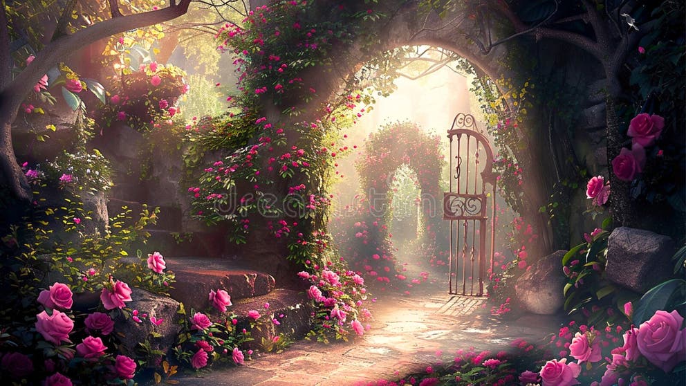 Fantasy Fairytale Garden with Pink Roses and a Secret Gate Stock ...