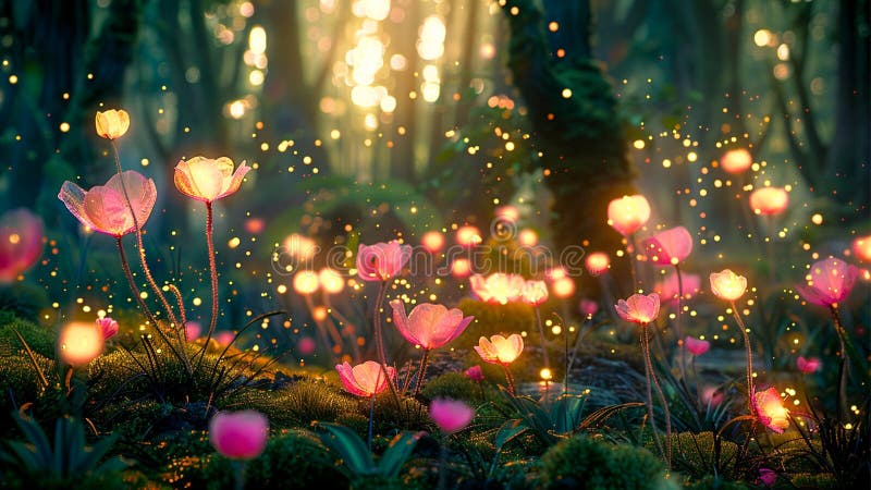 Fantasy Fairytale Magical Glowing Pink Flowers with Pixie Dust Stock ...