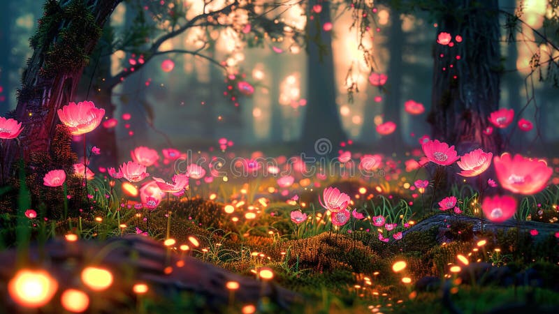 Fantasy Fairytale Magical Glowing Pink Flowers with Pixie Dust Stock ...