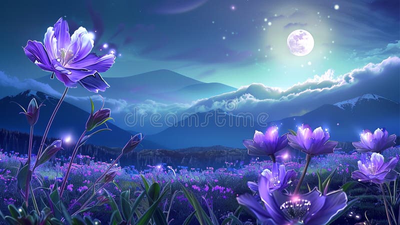 Fantasy Fairytale Magical Purple Flower Field Under a Starry Sky with a ...