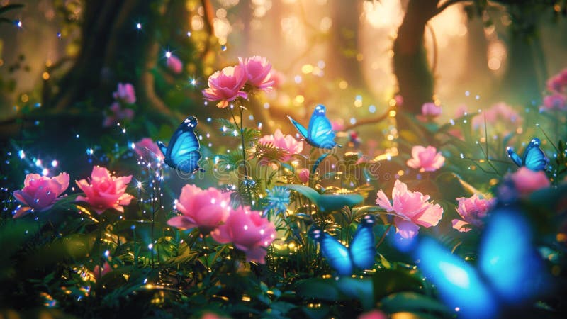 Fantasy Fairytale Magical Garden with Pink Rose Bushes and Butterflies ...