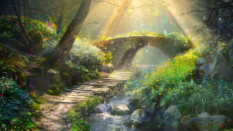 Fantasy Fairytale Magical Forest River with a Bridge Under a Magical ...