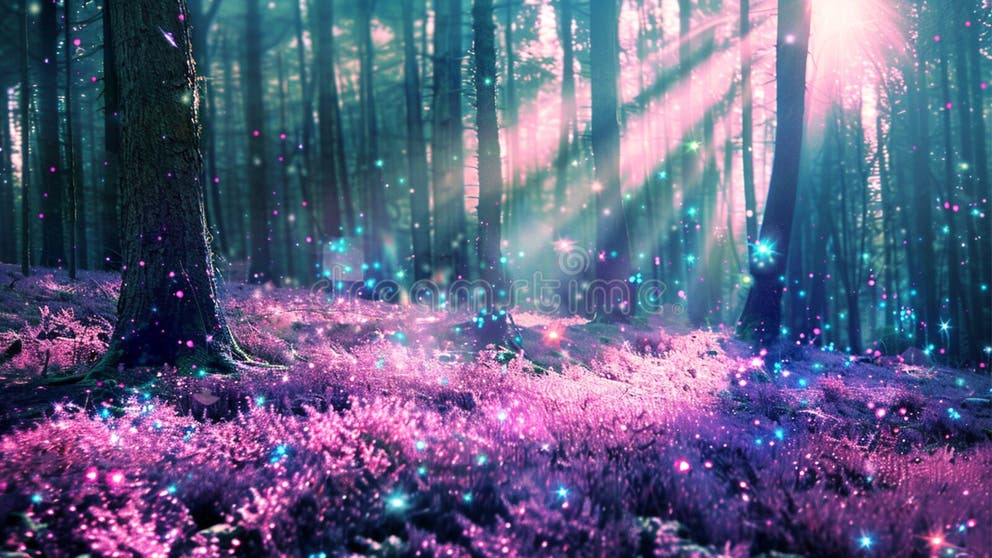 Fairytale Forest Bathed in Magical Pink Sun Rays Stock Illustration ...
