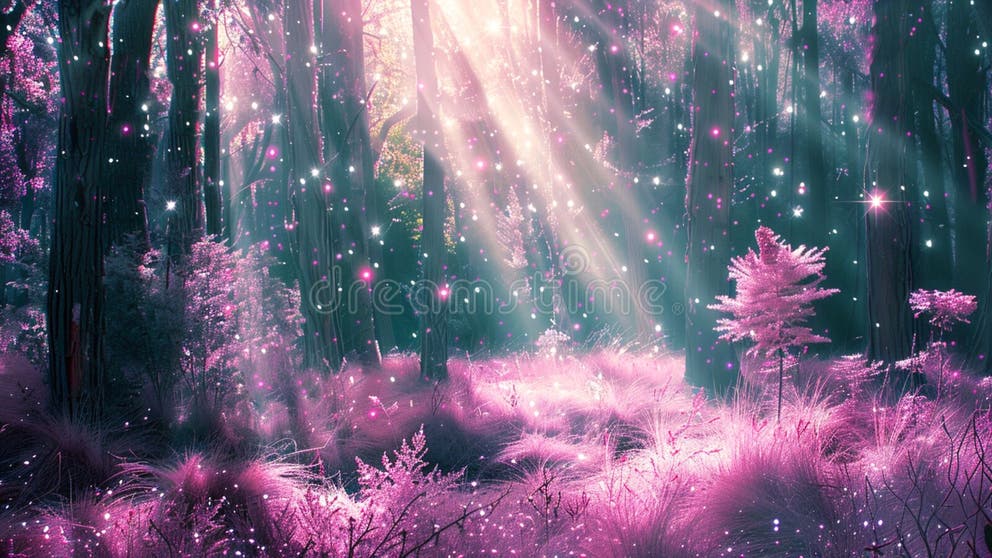 Fairytale Forest Bathed in Magical Pink Sun Rays Stock Illustration ...