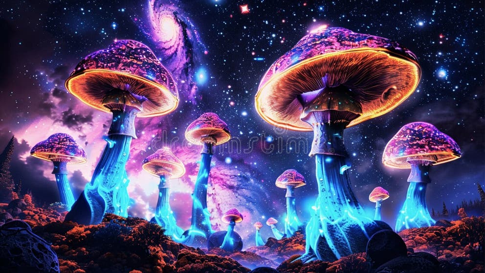Fantasy Alien Mushrooms in an Alien World Under Starry Sky Stock ...