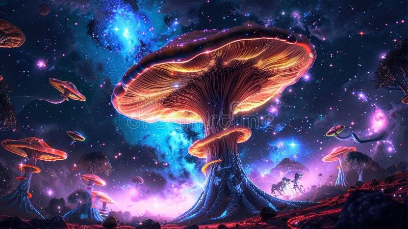 Fantasy Alien Mushrooms in an Alien World Under Starry Sky Stock ...