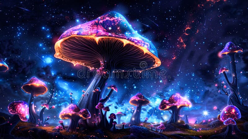 Fantasy Alien Mushrooms in an Alien World Under Starry Sky Stock ...