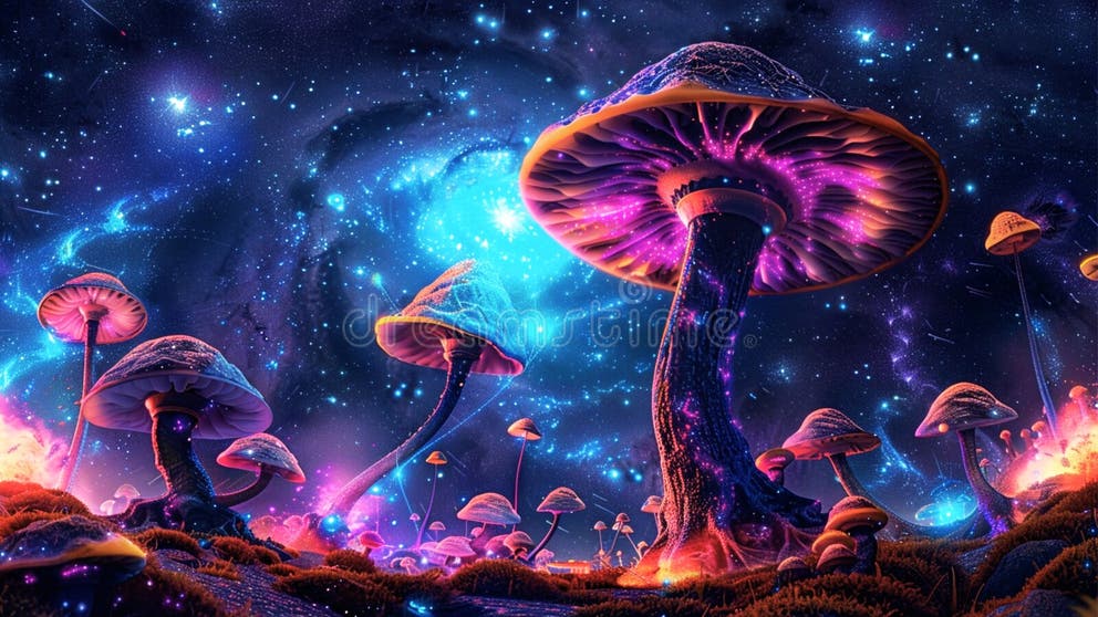 Fantasy Alien Mushrooms in an Alien World Under Starry Sky Stock ...