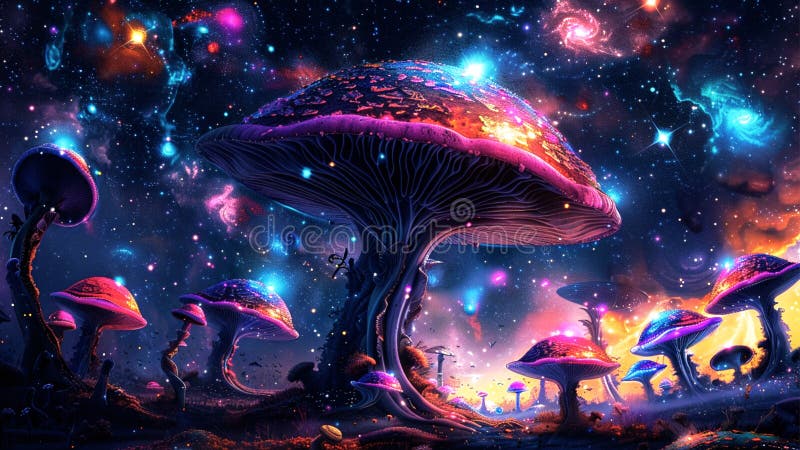 Fantasy Alien Mushrooms in an Alien World Under Starry Sky Stock ...