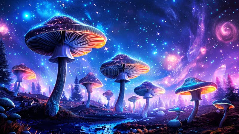 Fantasy Alien Mushrooms in an Alien World Under Starry Sky Stock ...
