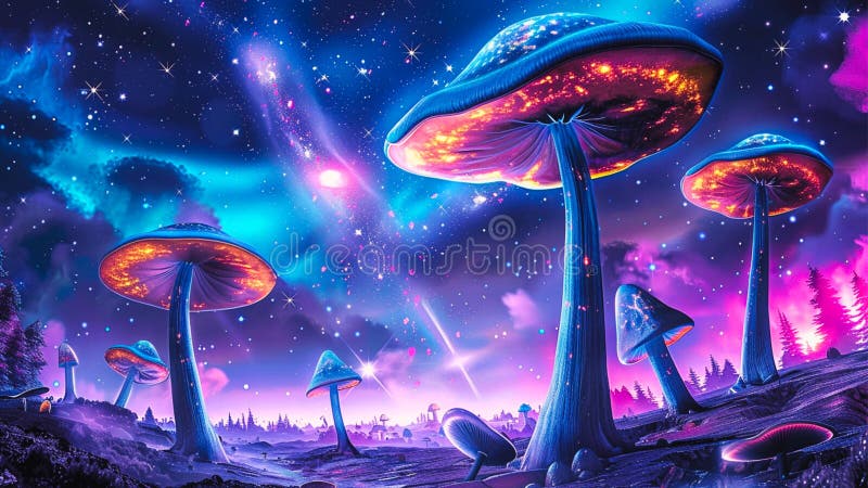 Fantasy Alien Mushrooms in an Alien World Under Starry Sky Stock ...