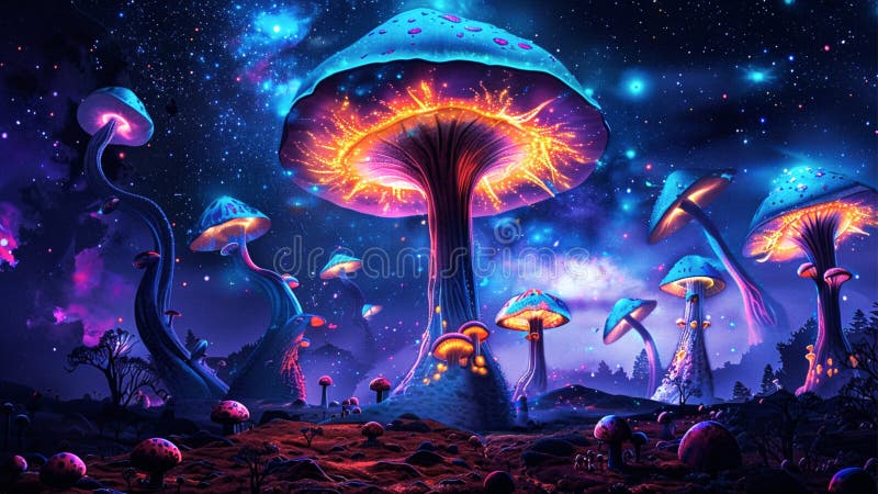 Fantasy Alien Mushrooms in an Alien World Under Starry Sky Stock ...
