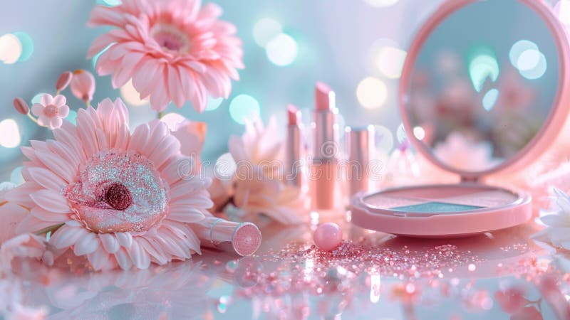 Girly Makeup Kit Set on a Makeup Table in a Feminine Room with Flowers ...