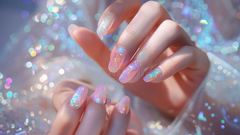Light Pink and Pastel Colors Iridescent Nail Polish on a Woman S Delicate Hands Stock ...