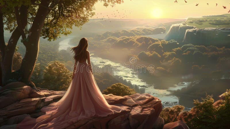 Fairytale Brunette Princess or Queen in a Dreamy Pink Dress in an ...