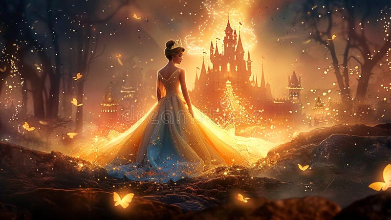 A Beautiful Fairytale Queen or Princess Wearing a Flowy Glowing Golden ...